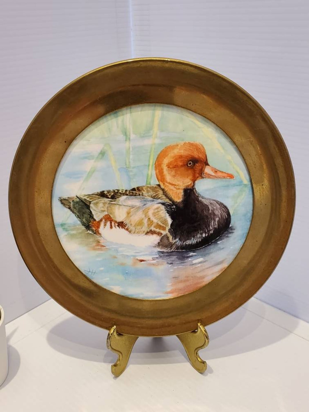 Vintage Pottery Brass Duck Plate Wall Decor, Duck Decor, Hand Painted ...