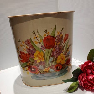Vintage MCM Metal Floral Oval Waste Garbage Bin, Midcentury Waste ...