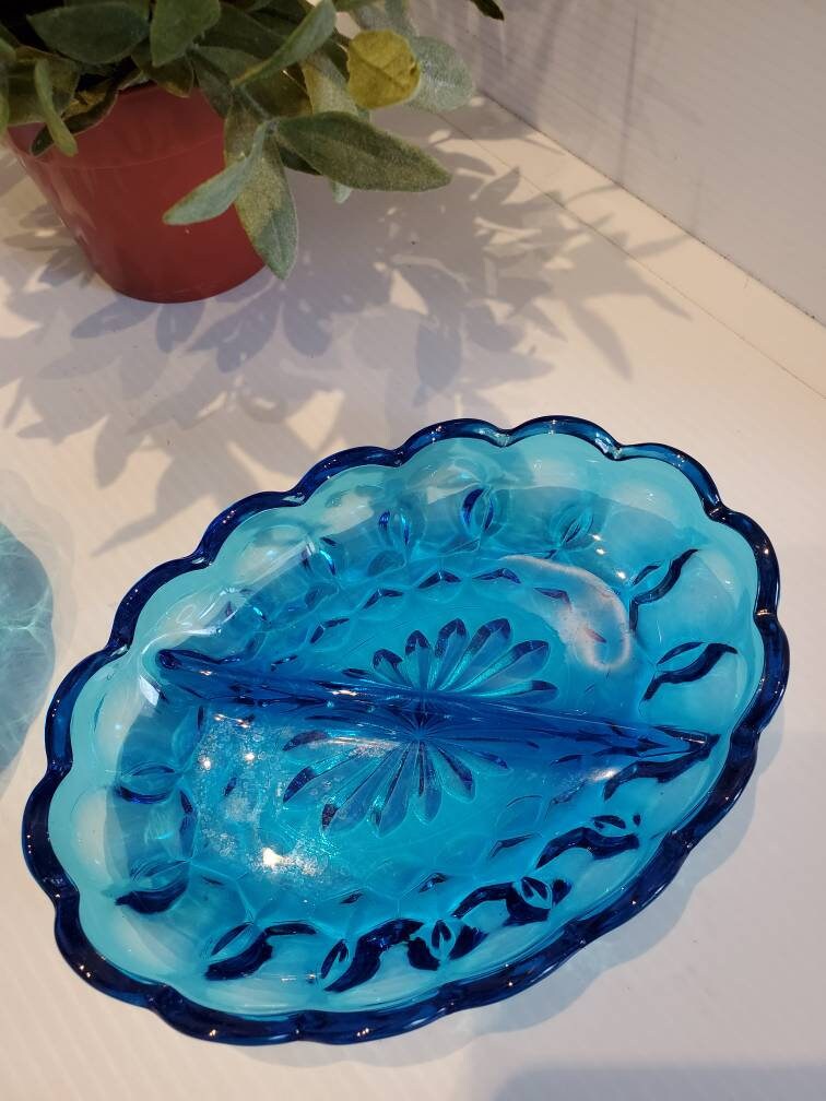 Vintage Blue Glass Divided Dish, Condiment, Mid Century Glassware ...