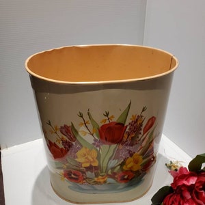 Vintage MCM Metal Floral Oval Waste Garbage Bin, Midcentury Waste ...