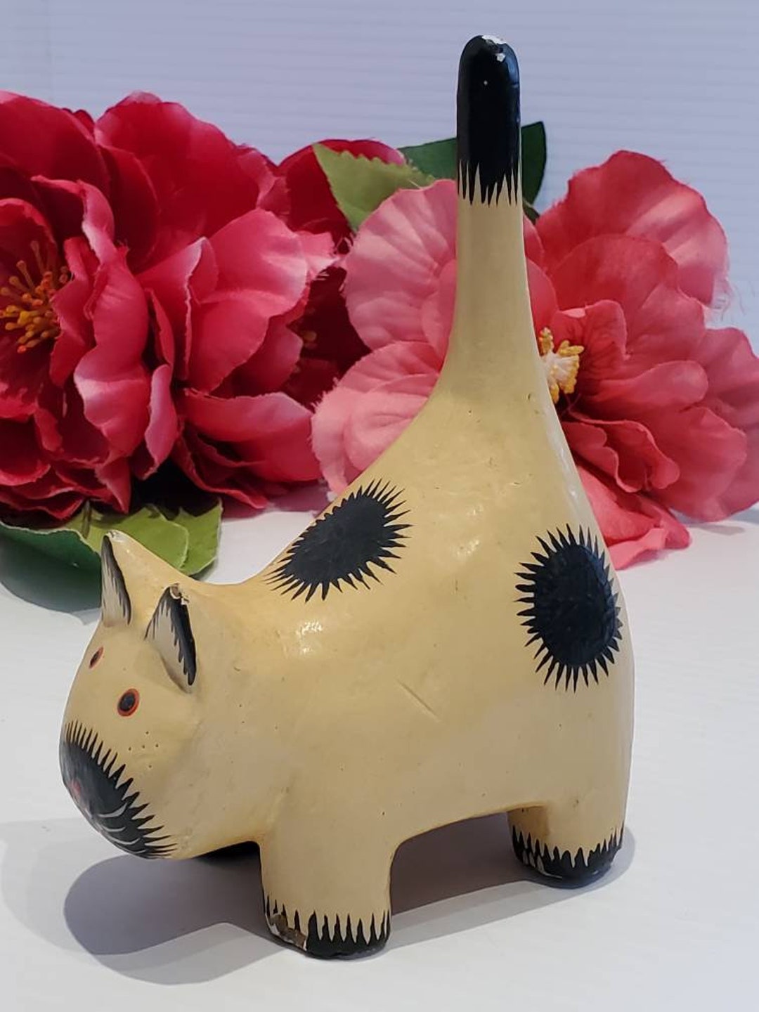 Vintage Wooden Folk Cat Figurine, Standing Cat Figurine, Hand Carved ...