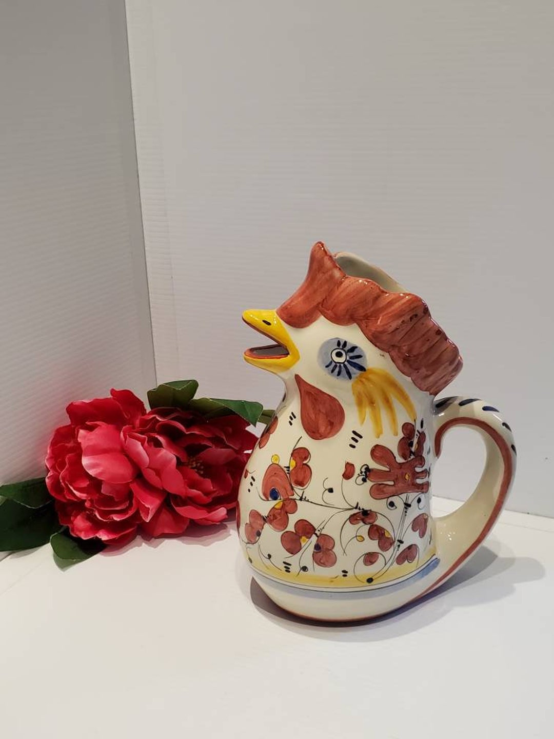 Vintage Portugal Rooster Pitcher, Handpainted Ceramic Rooster ...