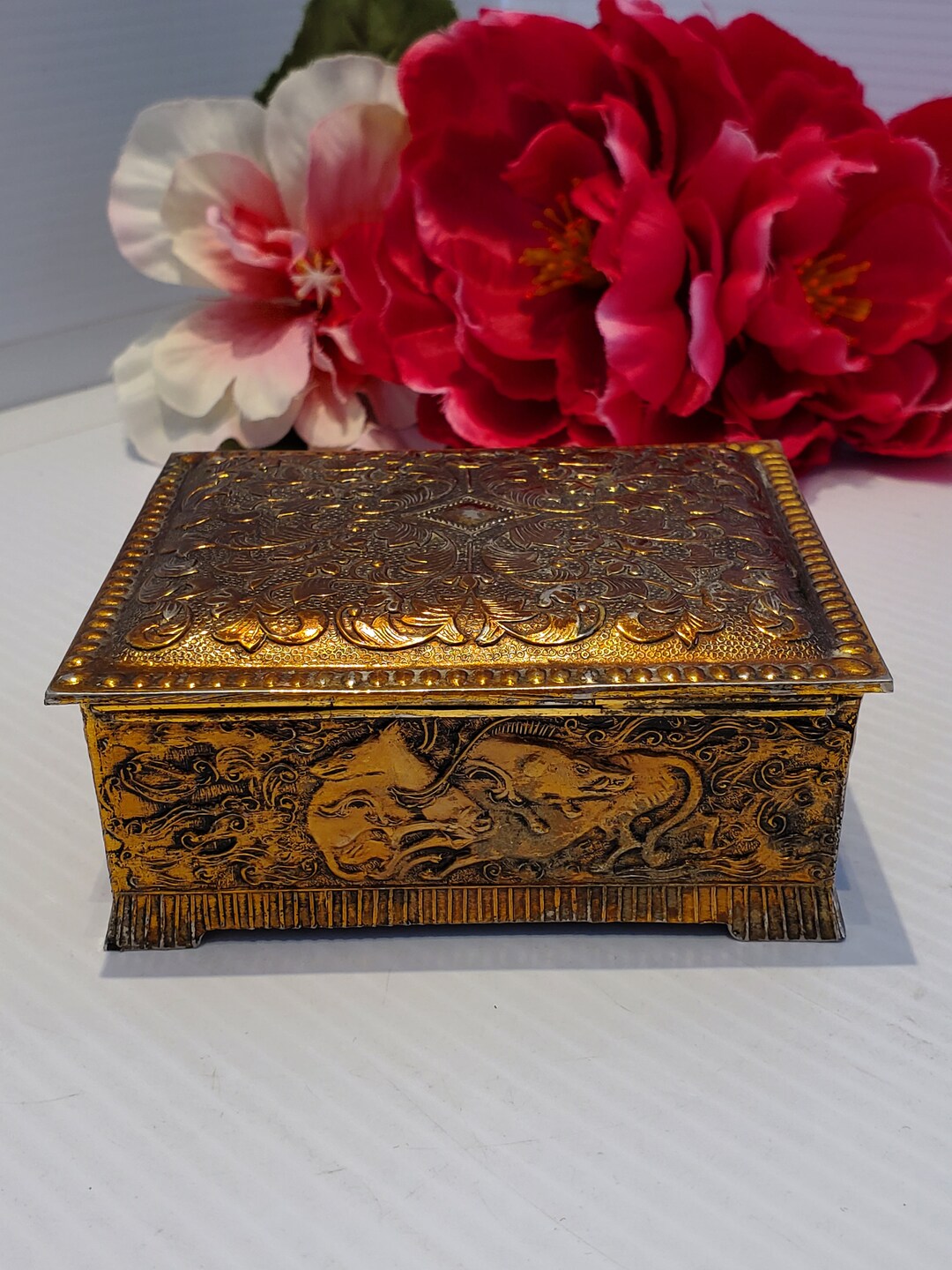 Vintage Brass Hunting Dog Wild Boar Footed Jewelry Box, English Style ...