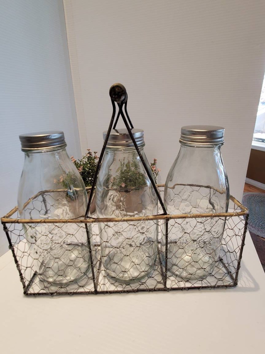 Vintage Chicken Wire Milk Bottle Holder With Bottles, Country Milk ...