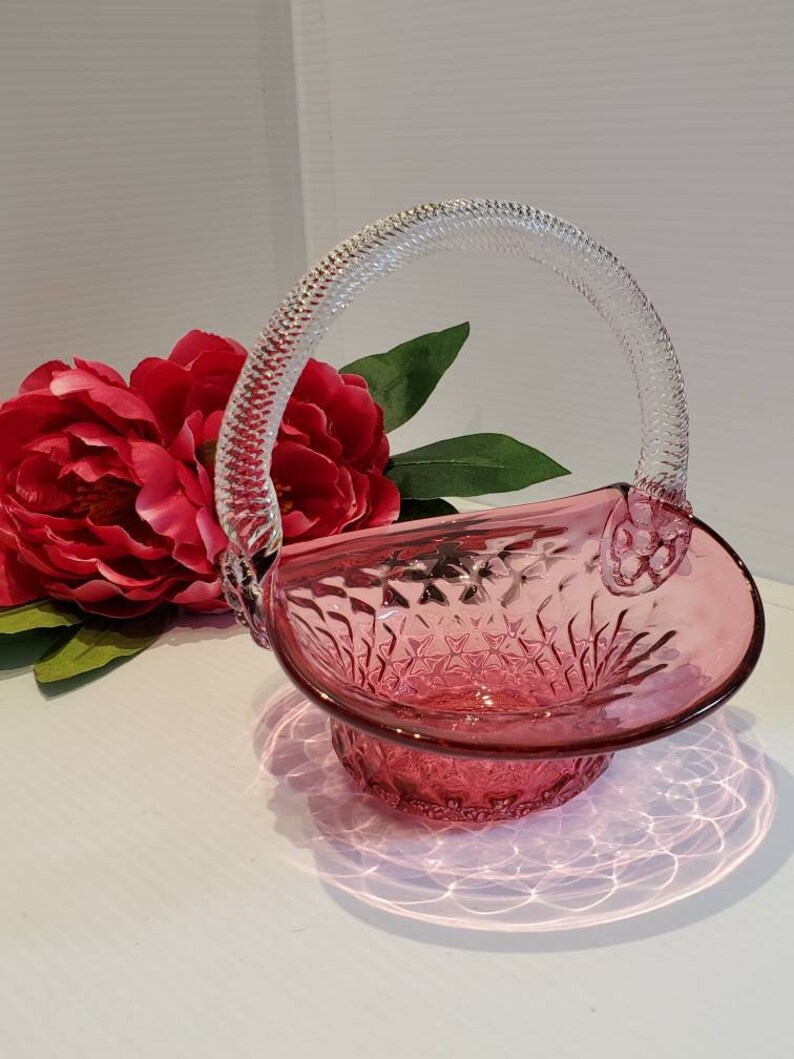 Vintage Cranberry Glass Basket, Blown Glass Basket, Art Glass Decor ...