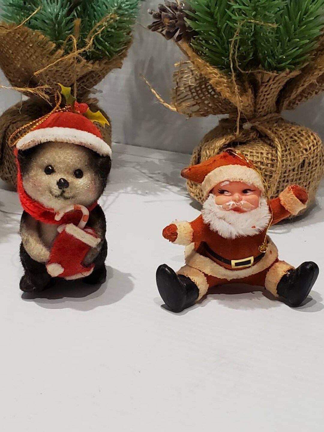 Vintage Flocked Skunk and Santa Christmas Tree Ornaments, Plastic ...
