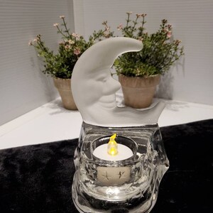 Vintage Clear Frosted Glass Moon and Stars Tealight Holder, Moon Candle ...