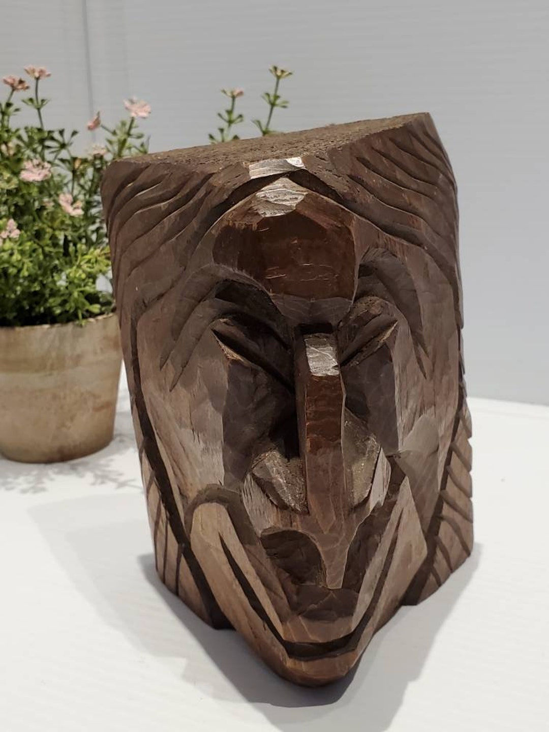 Vintage Wooden Hand Carved Face Statue, Hand Chiseled Face, Indigenous ...