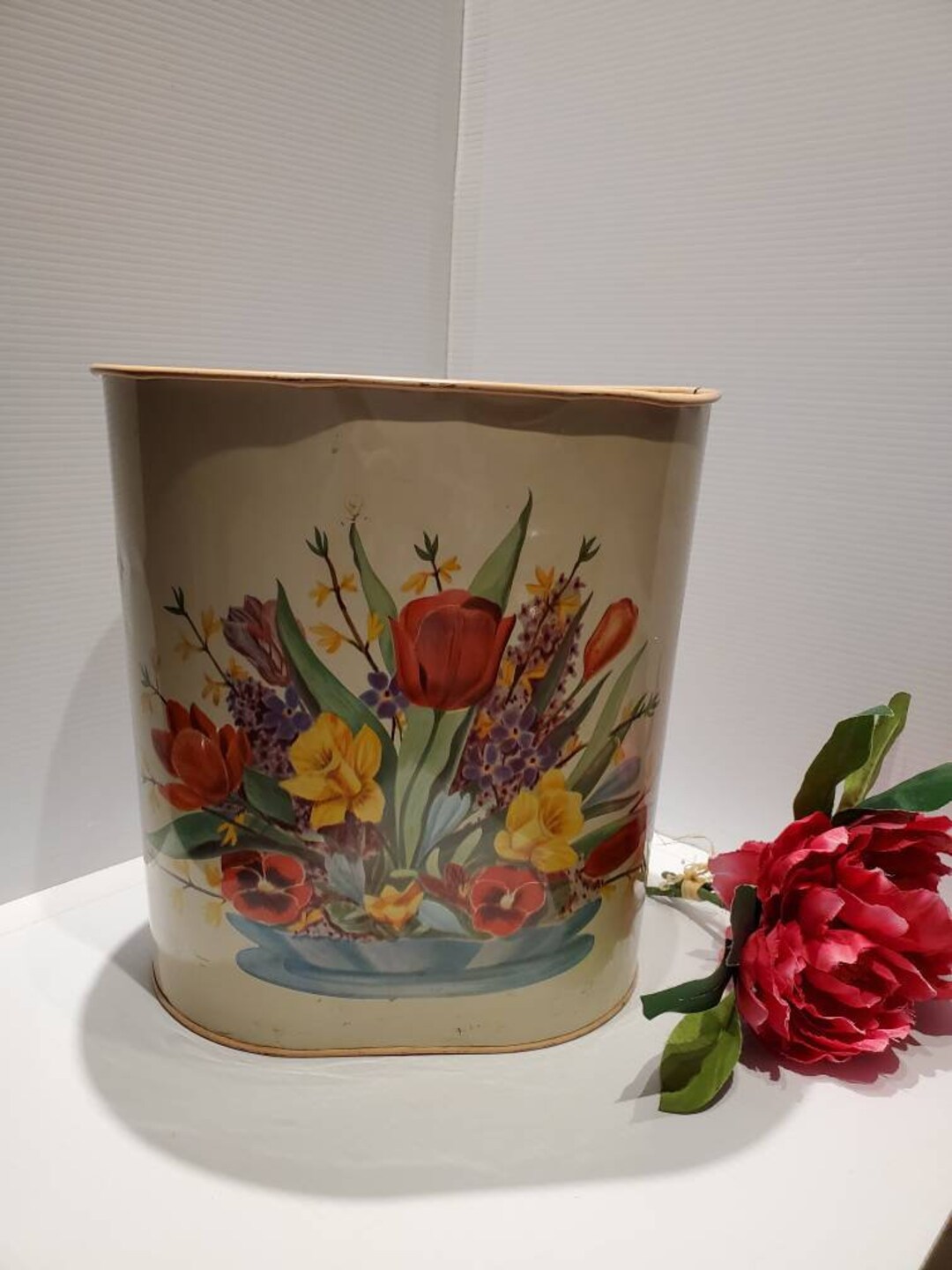 Vintage MCM Metal Floral Oval Waste Garbage Bin, Midcentury Waste ...