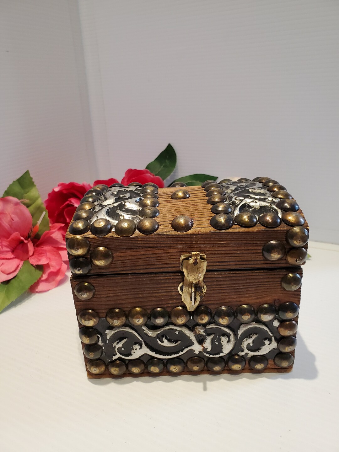 Vintage Rustic Studded Wooden Hinged Lid Box, Cabin Decor, Rustic ...