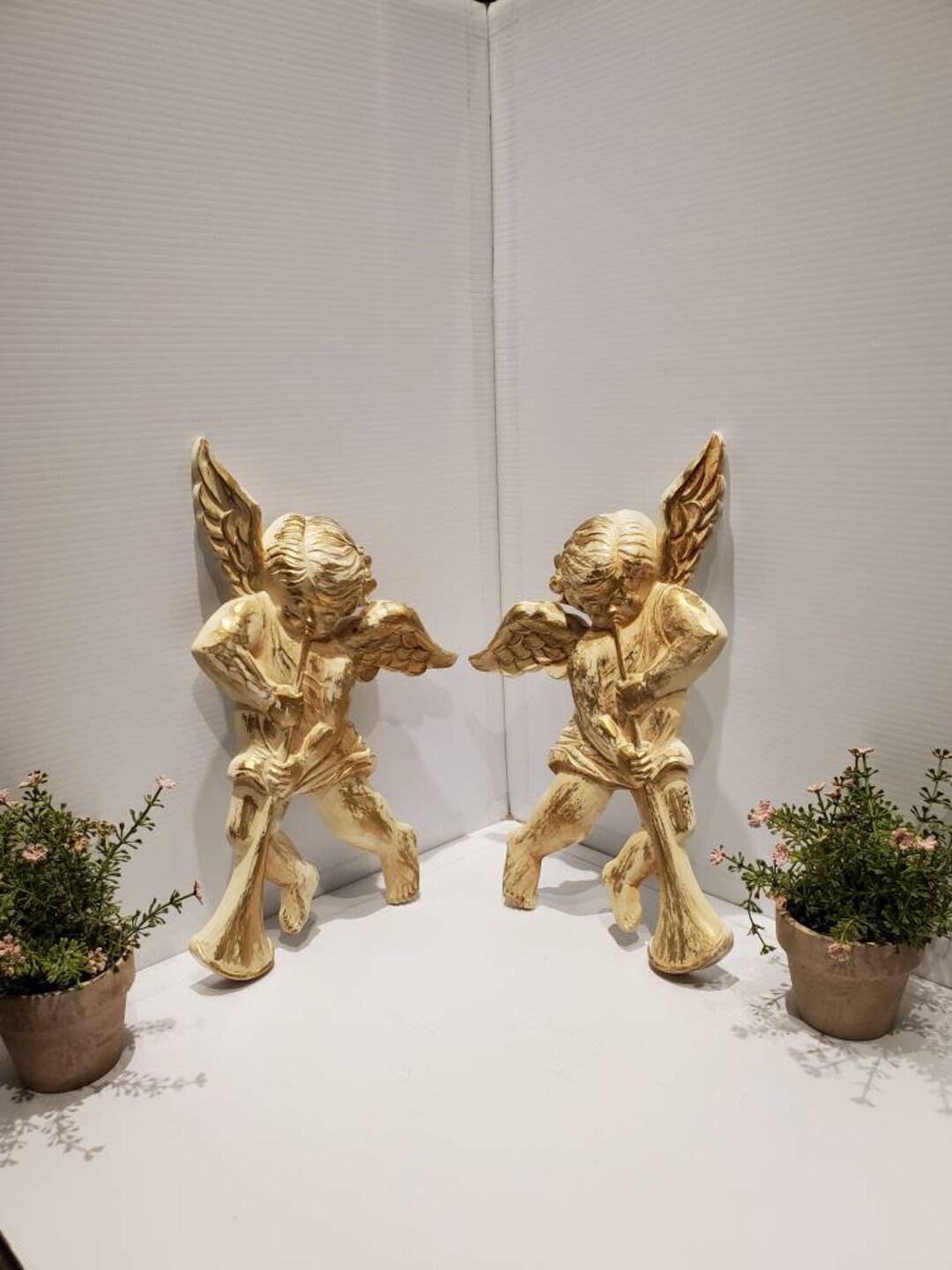 Vintage Syrocco White Gold Cherub Trumpet Wall Plaques, Cottagecore ...