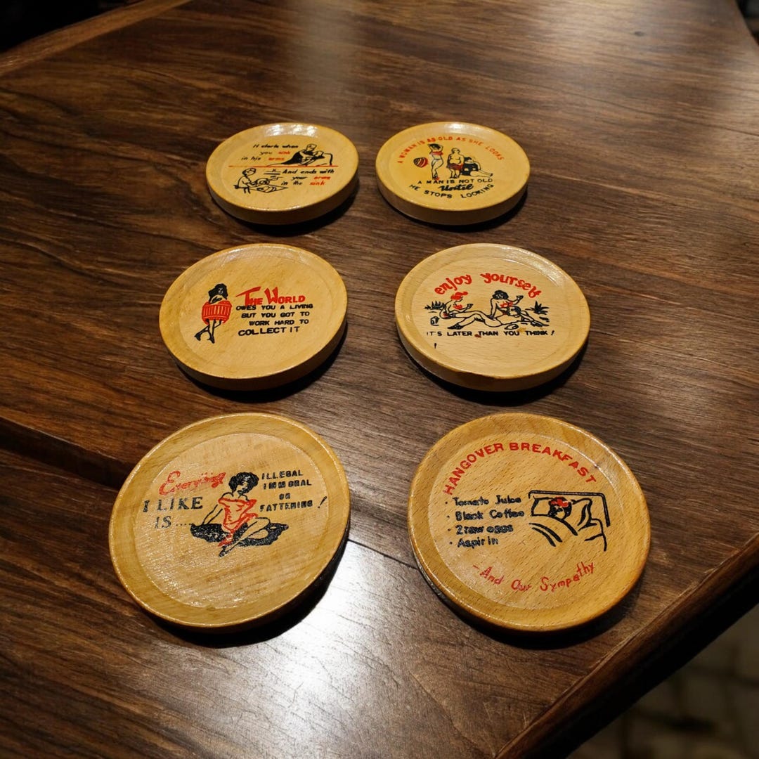 Vintage Quirky 50s Wooden Comical Bar Coasters, Humorous Coasters ...
