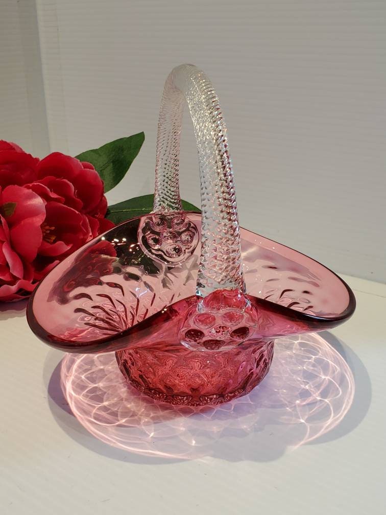 Vintage Cranberry Glass Basket, Blown Glass Basket, Art Glass Decor ...