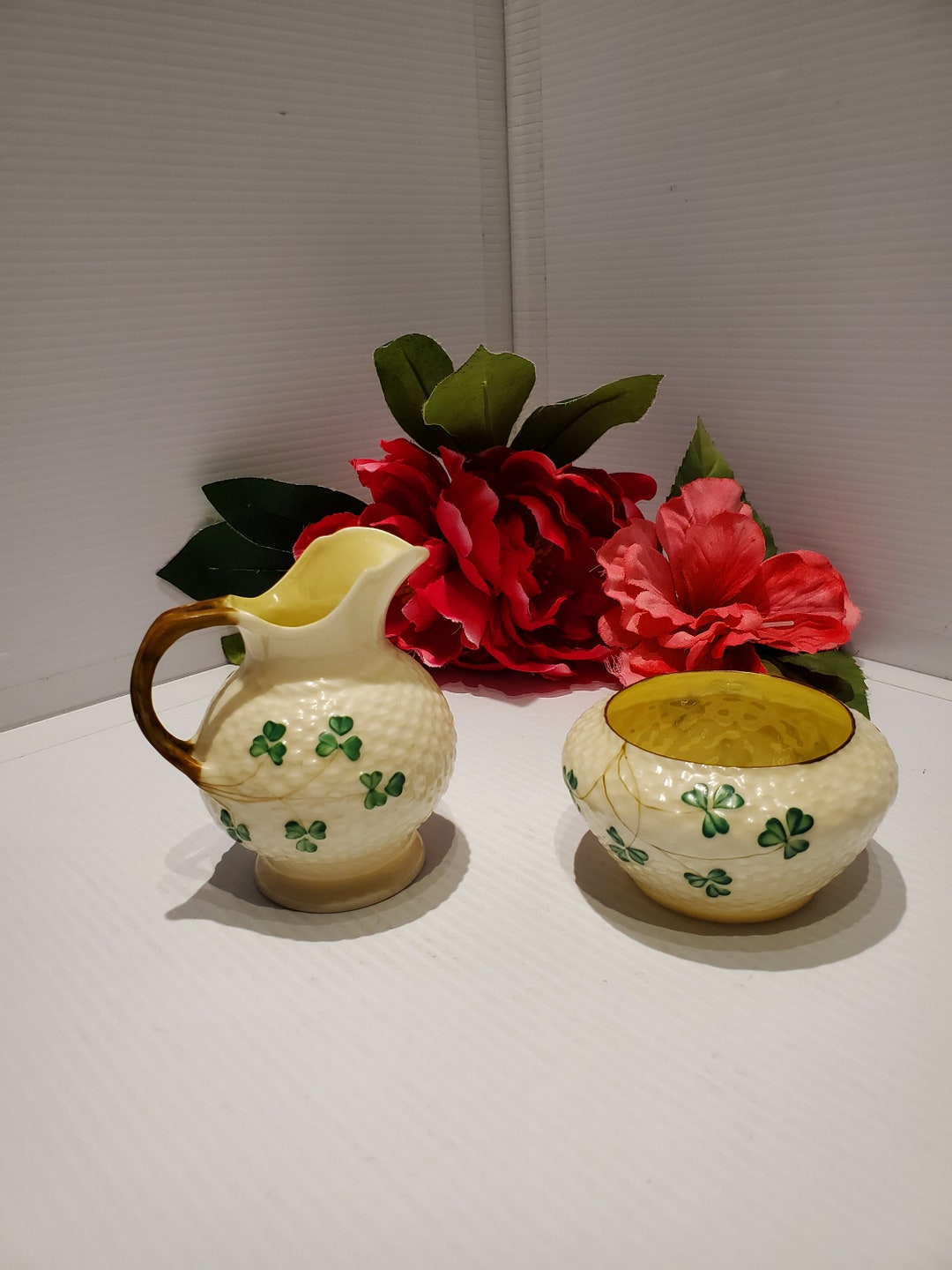 Vintage Irish Pottery Belleek Shamrock Creamer and Sugar Bowl Set, 3rd ...