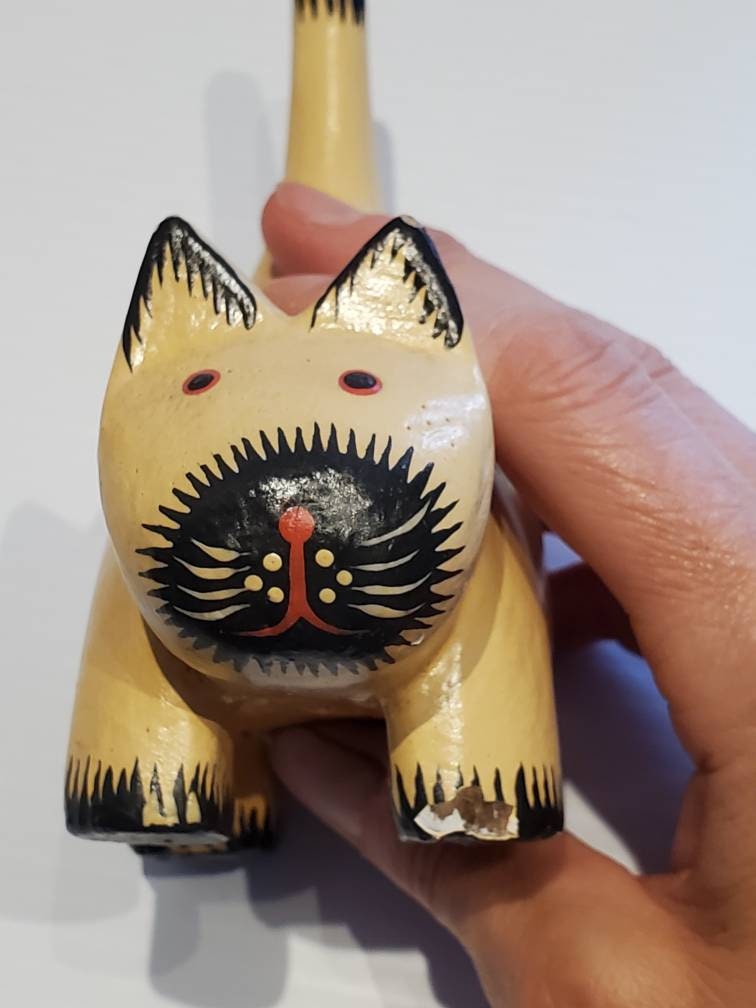 Vintage Wooden Folk Cat Figurine, Standing Cat Figurine, Hand Carved ...
