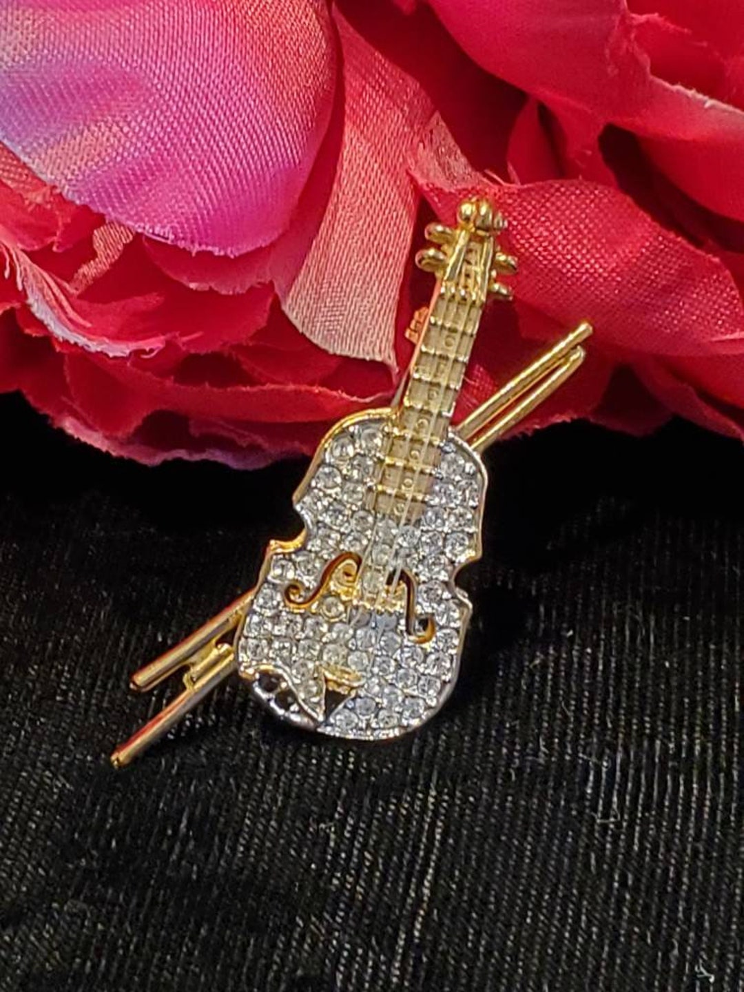 Vintage Signed Butler Gold Tone Rhinestone Cello Violin Bow Brooch Pin ...