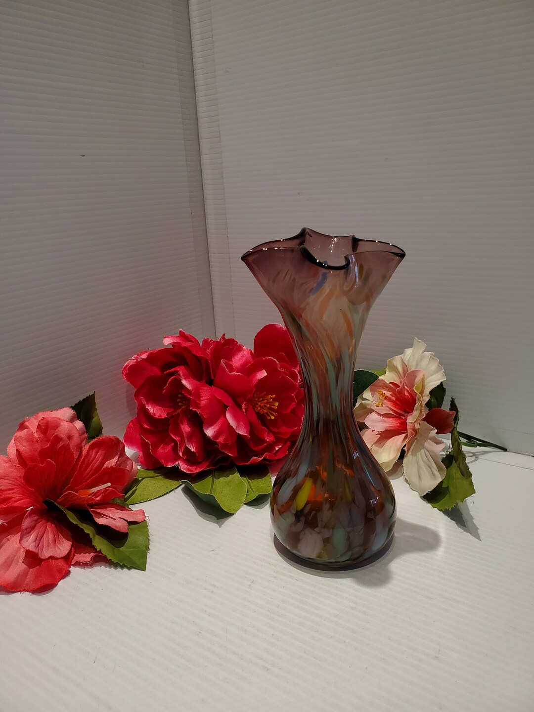 Vintage Murano Style Hand Blown Multicolored Splattered Glass Ruffled ...