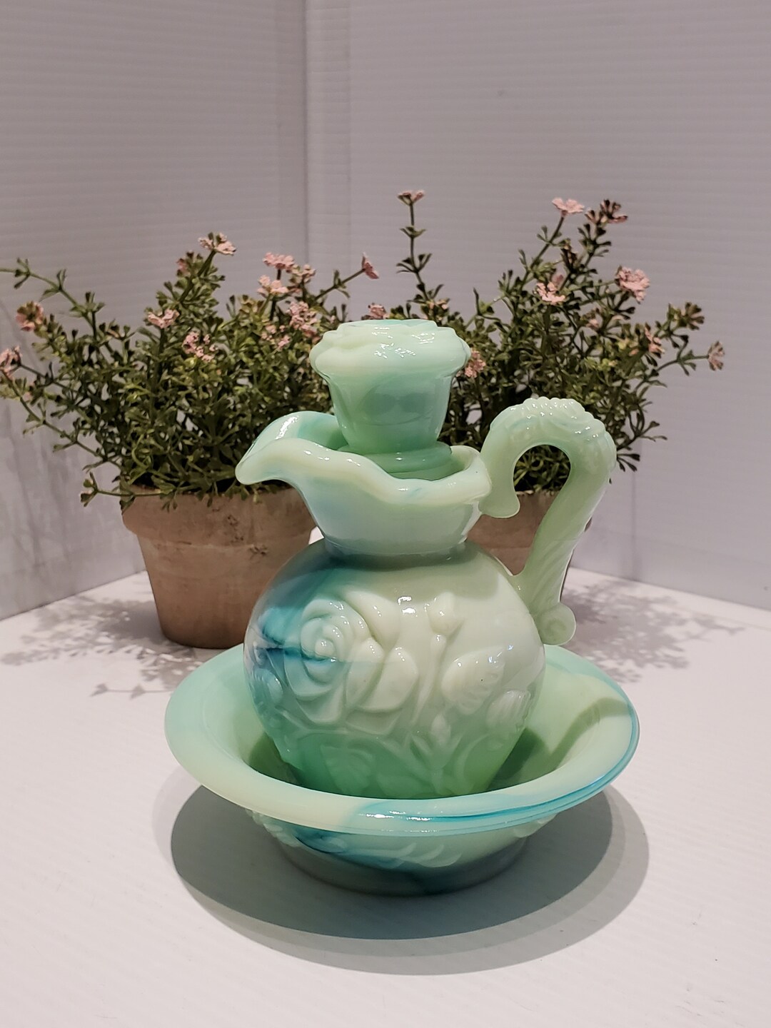 Vintage Jadite Pitcher and Bowl, Green Glass Decanter and Basin, Bubble ...