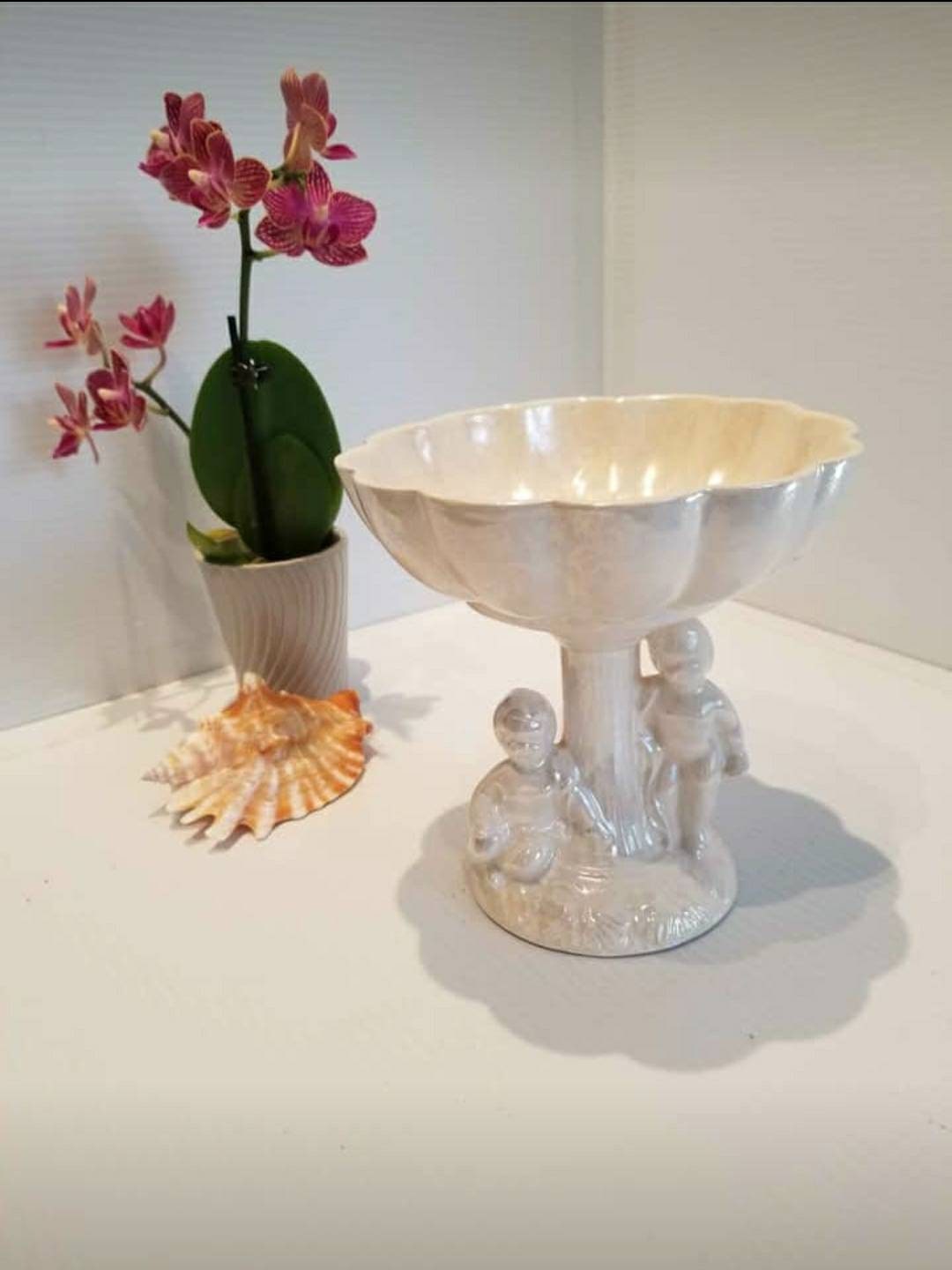 Vintage Ceramic Baby Cherub Pedestal Bowl, Pearlized, Victorian Cherub ...