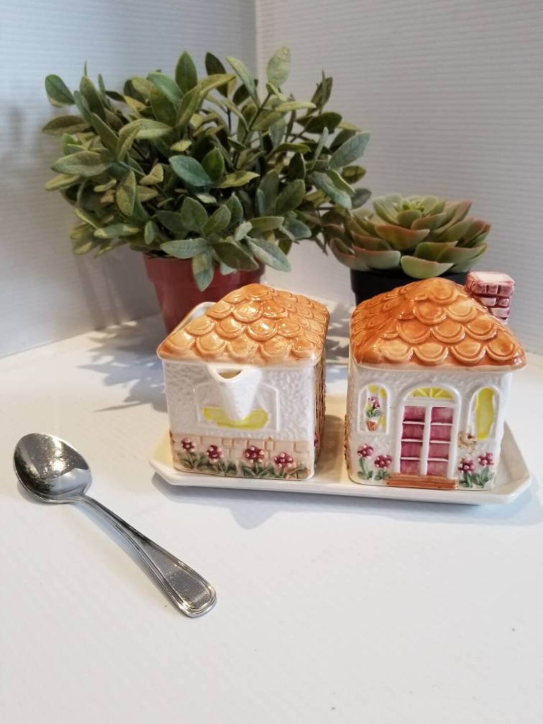 Vintage Ceramic Cottage House Creamer and Sugar Set With Tray, Made in ...