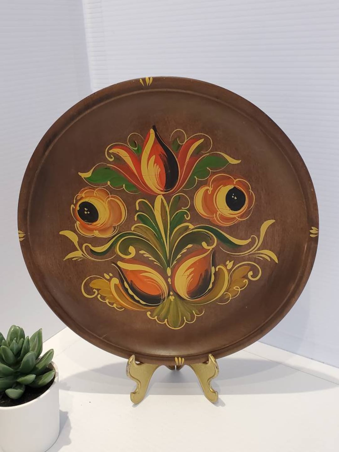 Vintage Wooden Floral German Wall Plate, Folk Art, Primitive Style ...