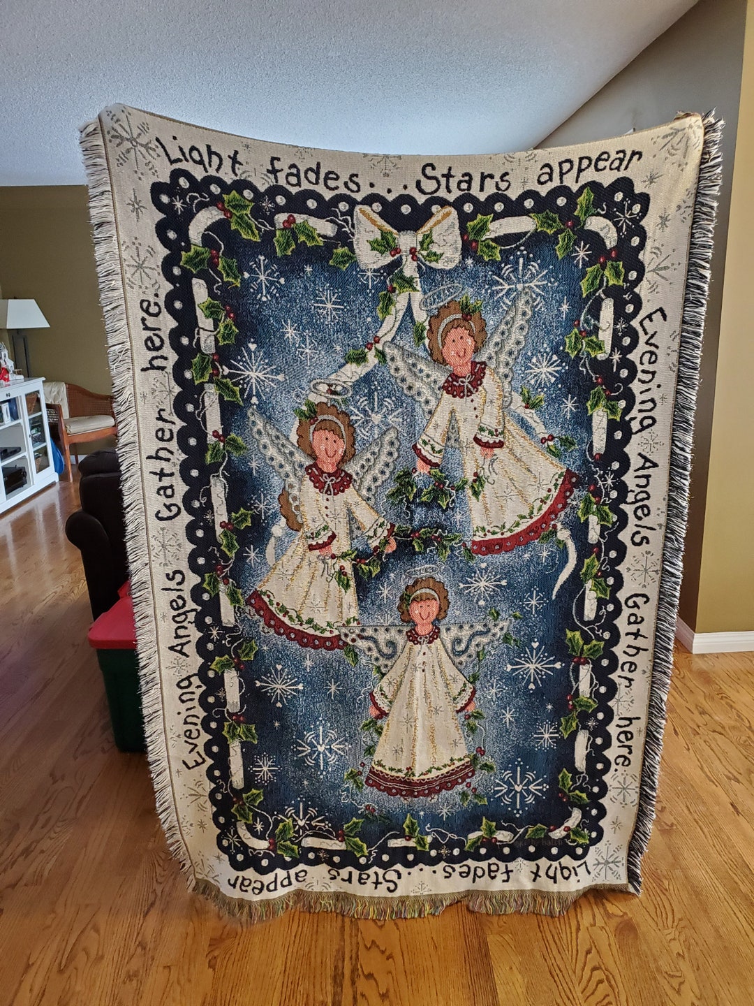 Vintage Crown Craft Woven Christmas Angel Blanket, Angel Linen, Woven ...