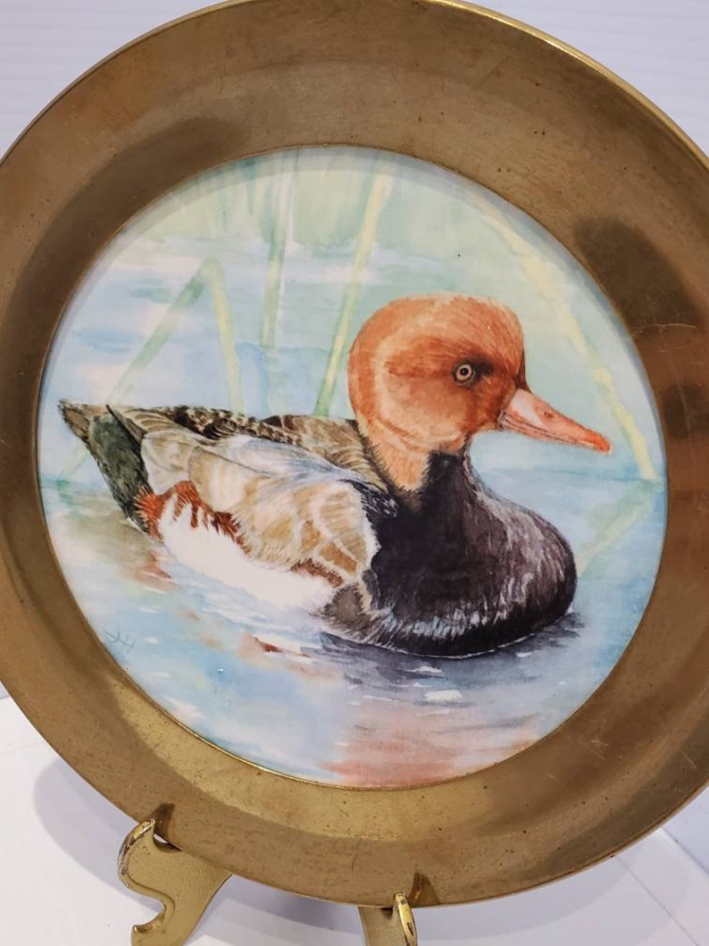 Vintage Pottery Brass Duck Plate Wall Decor, Duck Decor, Hand Painted ...