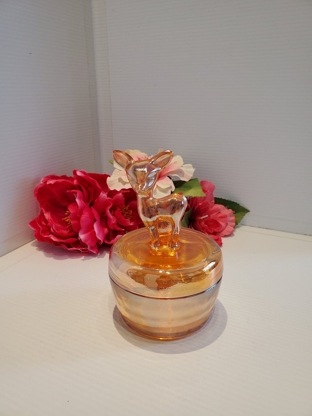 Vintage Marigold Luster Jeanette Glass Deer Lidded Jar, Deer Jewelry ...