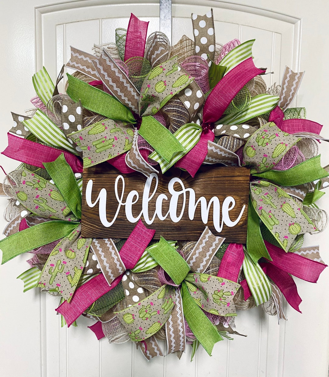 Welcome Cactus Burlap Deco Mesh Farmhouse With Handmade Wood Sign Front ...