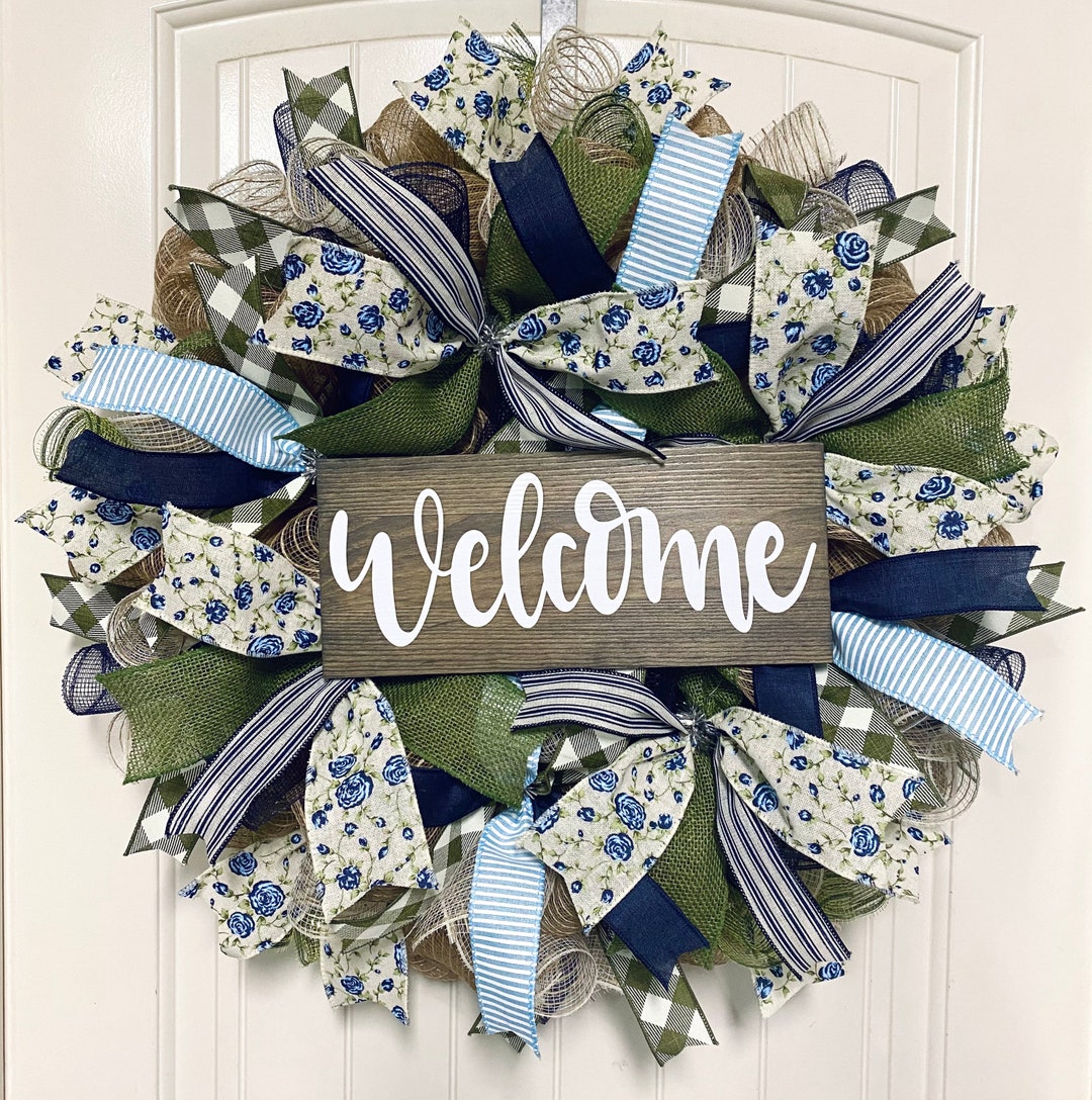 Wreath; Floral Welcome Deco Mesh Wreath; Navy, Sage, Burlap; Front Door ...