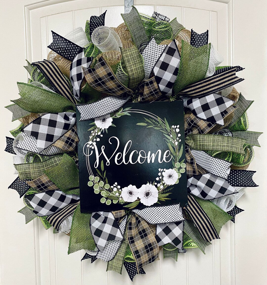 Floral Welcome Front Door Wreath Farmhouse Deco Mesh Wreath Black ...