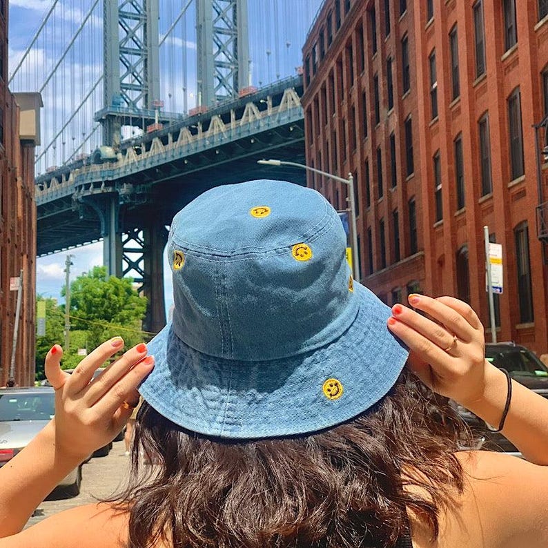 Denim Happy Face Bucket Hat | Smiley Face Hat | Smile Face Bucket Hat ...