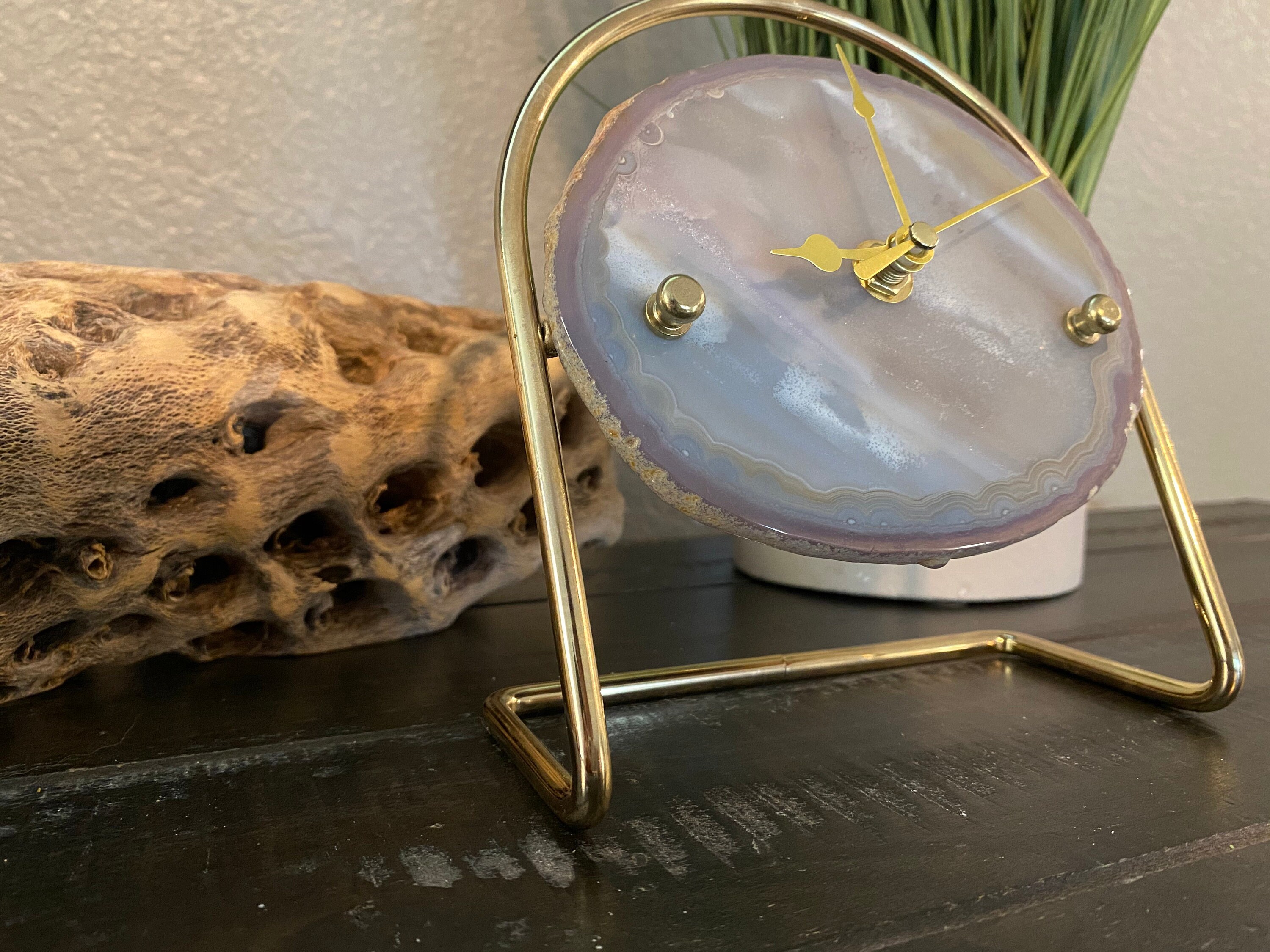 Gray Agate Clock With Gold Clock Hands Mounted on a Gold Stand | Etsy