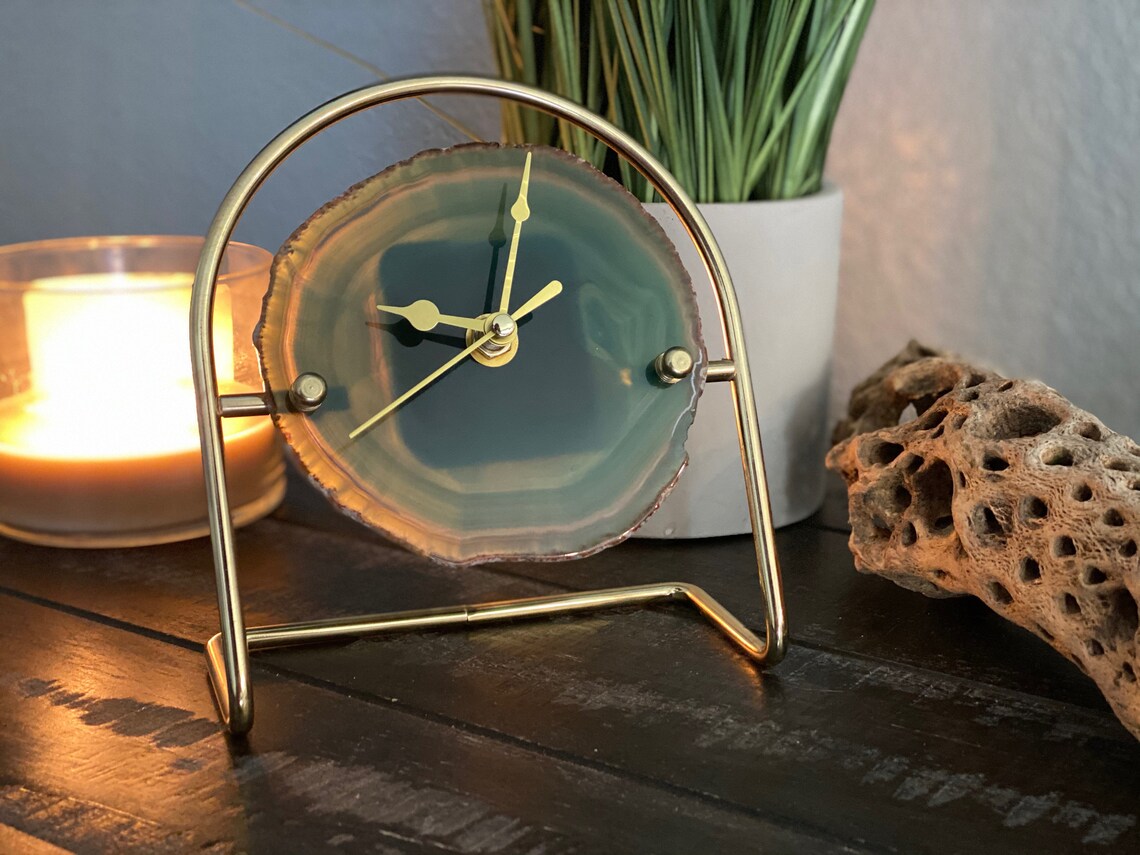 Colored Agate Clock with Gold Clock Hands Mounted on a Gold | Etsy
