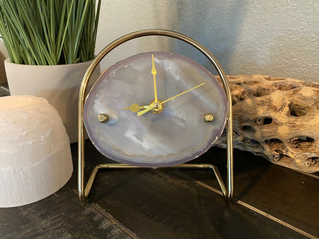 Gray Agate Clock With Gold Clock Hands Mounted on a Gold Stand | Agate ...
