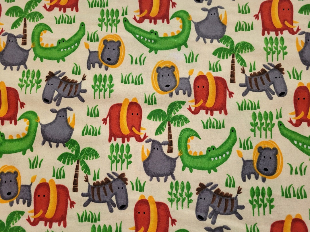 Jungle Animals Red, Green, Gray & Cream Double Napped Flannel - by the ...