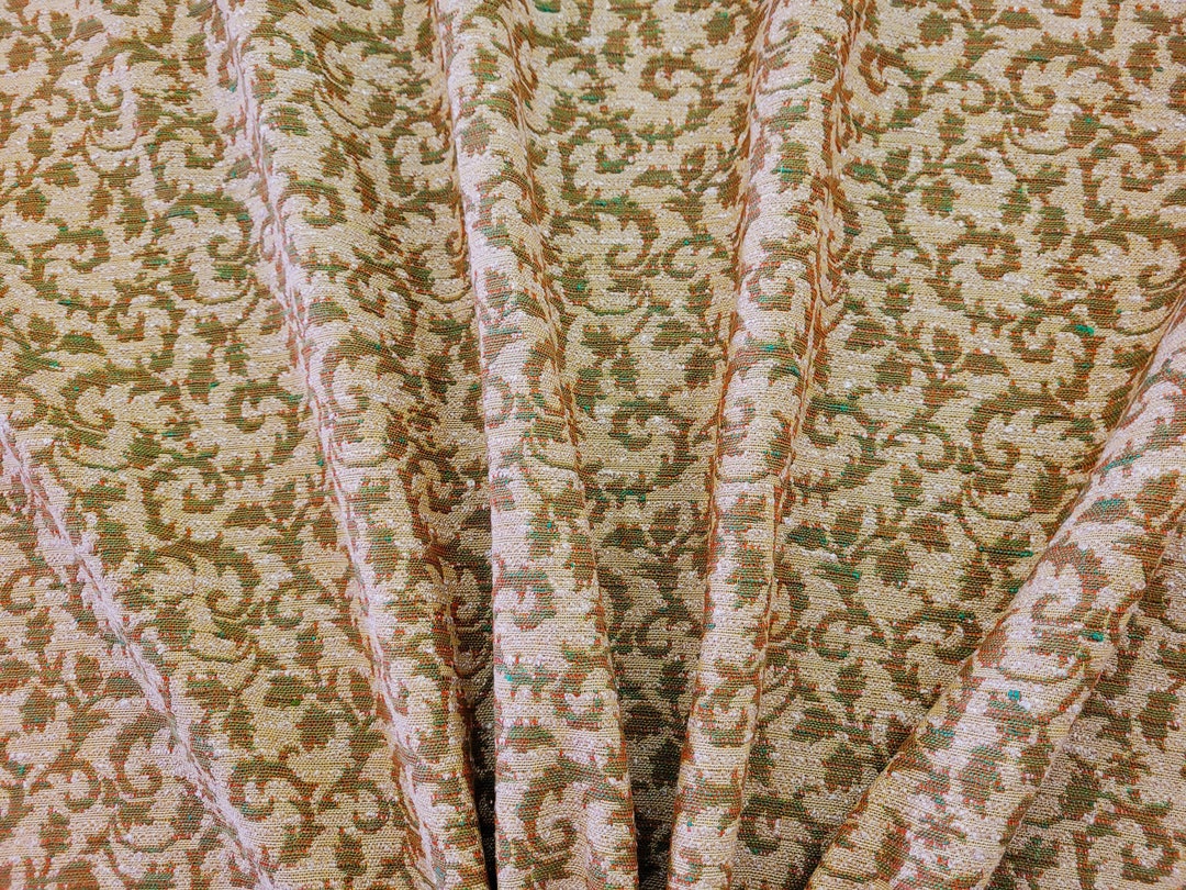 Vintage Drapery Green, Red, Ivory & Tan Leaf Scroll Fabric - by the ...