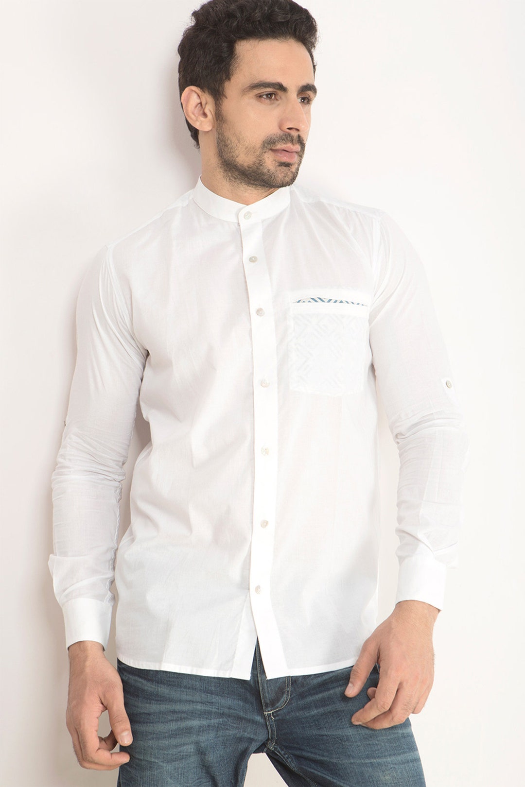 Chinese Collar White Summer Shirt, Foldable Long Sleeve Organic Cotton ...