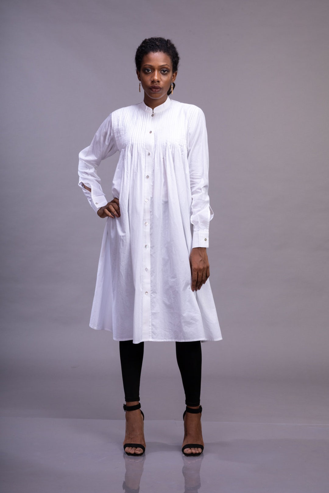 Textured White Organic Cotton Woman's Tunic , Woman's Full Sleeve White ...