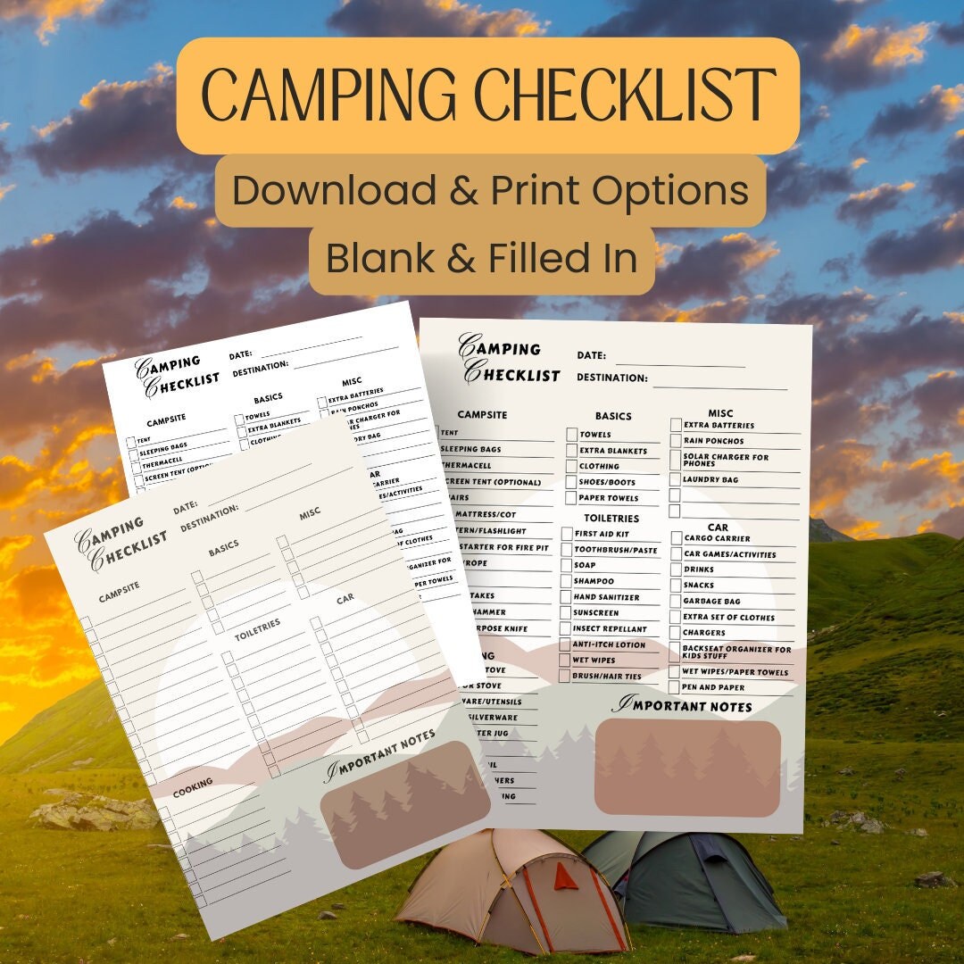 Camping Checklist Filled In/blank Digital Downloadable PDF Color and ...