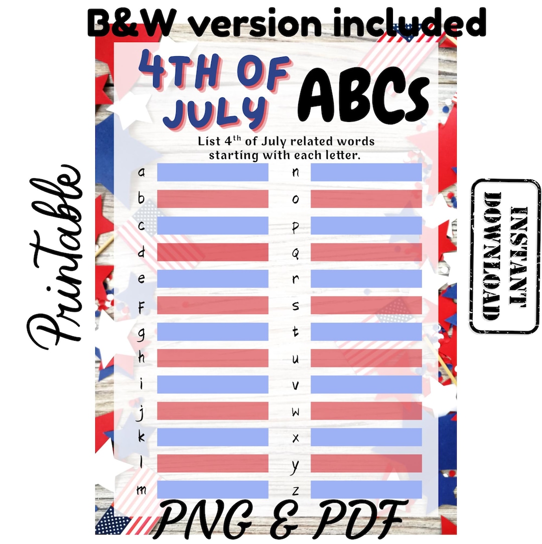 4th of July ABC A-Z Party Game Color/b&w Versions PNG and PDF Instant ...
