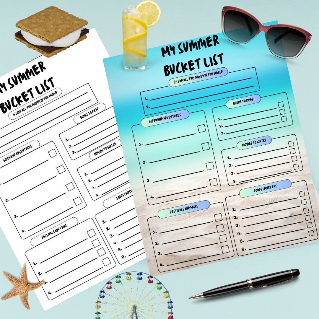 Summer Bucket Blank List PDF Downloadable Color and Black and White ...