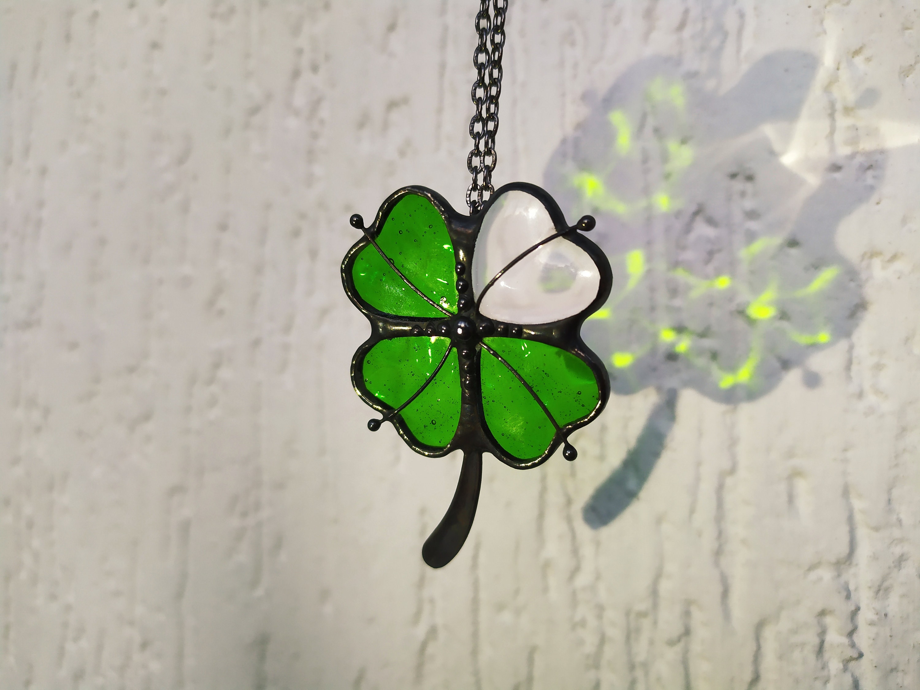 Green clover necklace Four leaf clover Stained glass shamrock | Etsy