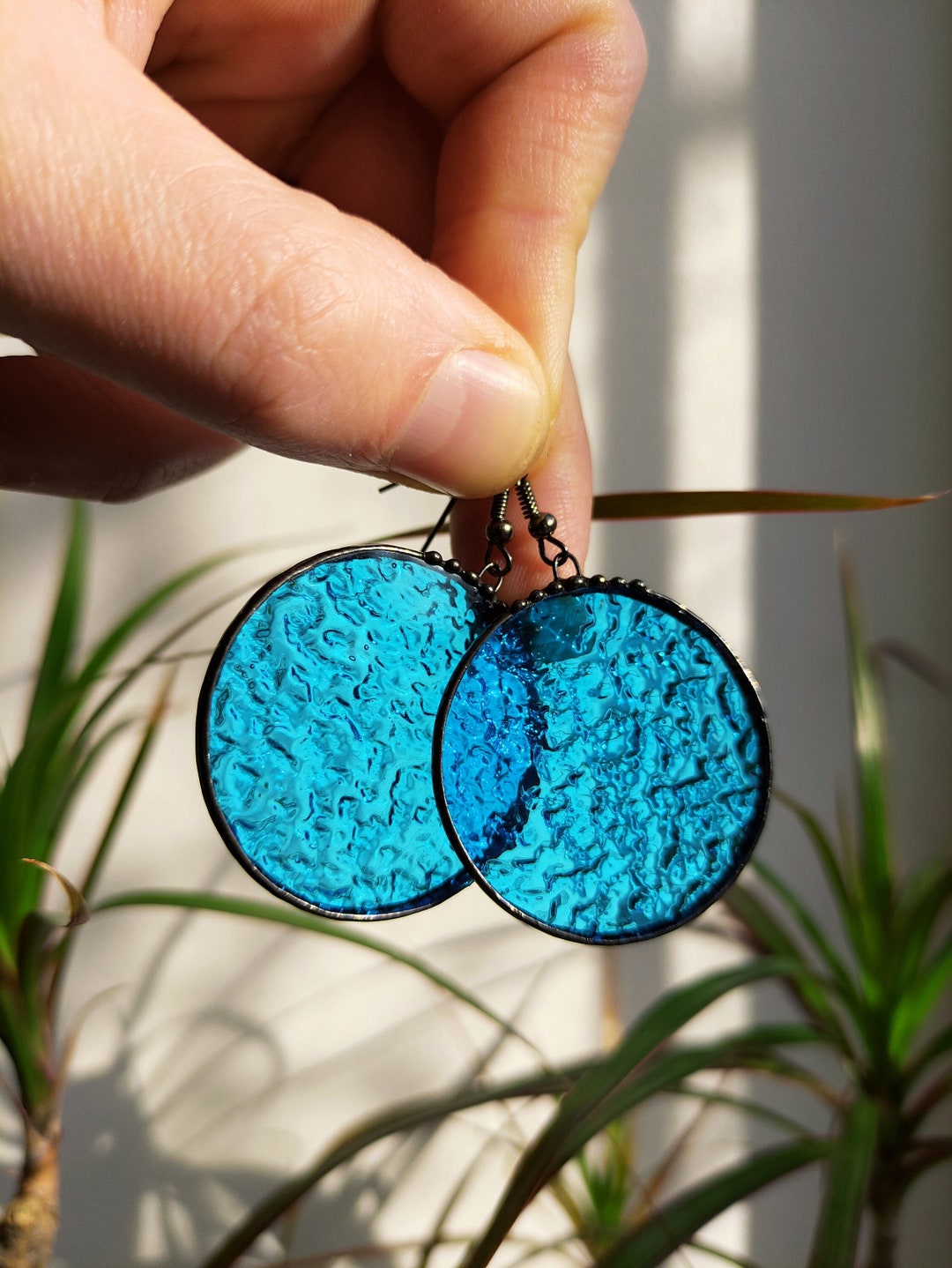 Circle Sky Blue Stained Glass Earrings, Minimalist Earrings Aqua ...