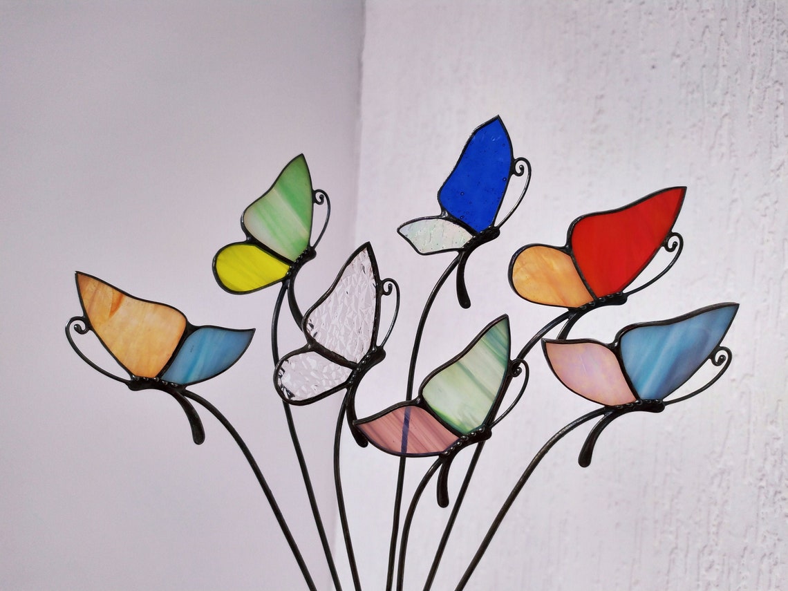 Stained Glass Plant Stake Home Decorbutterfly Suncatcher - Etsy