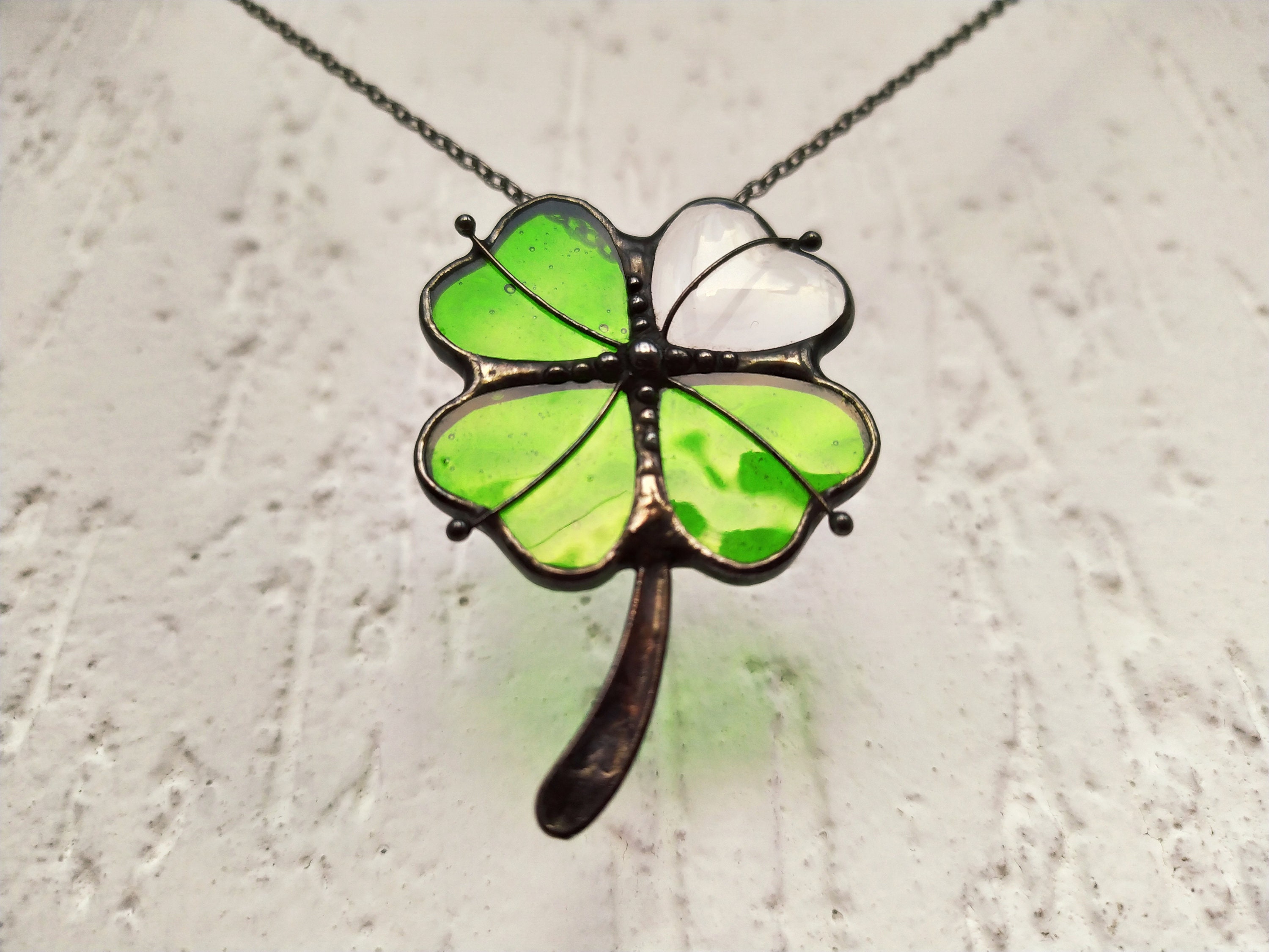 Green clover necklace Four leaf clover Stained glass shamrock | Etsy