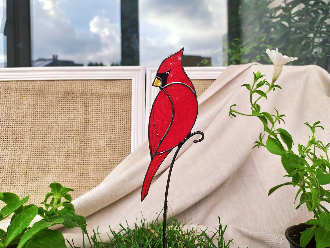 Stained glass red cardinal plant stake Flower pot decor | Etsy
