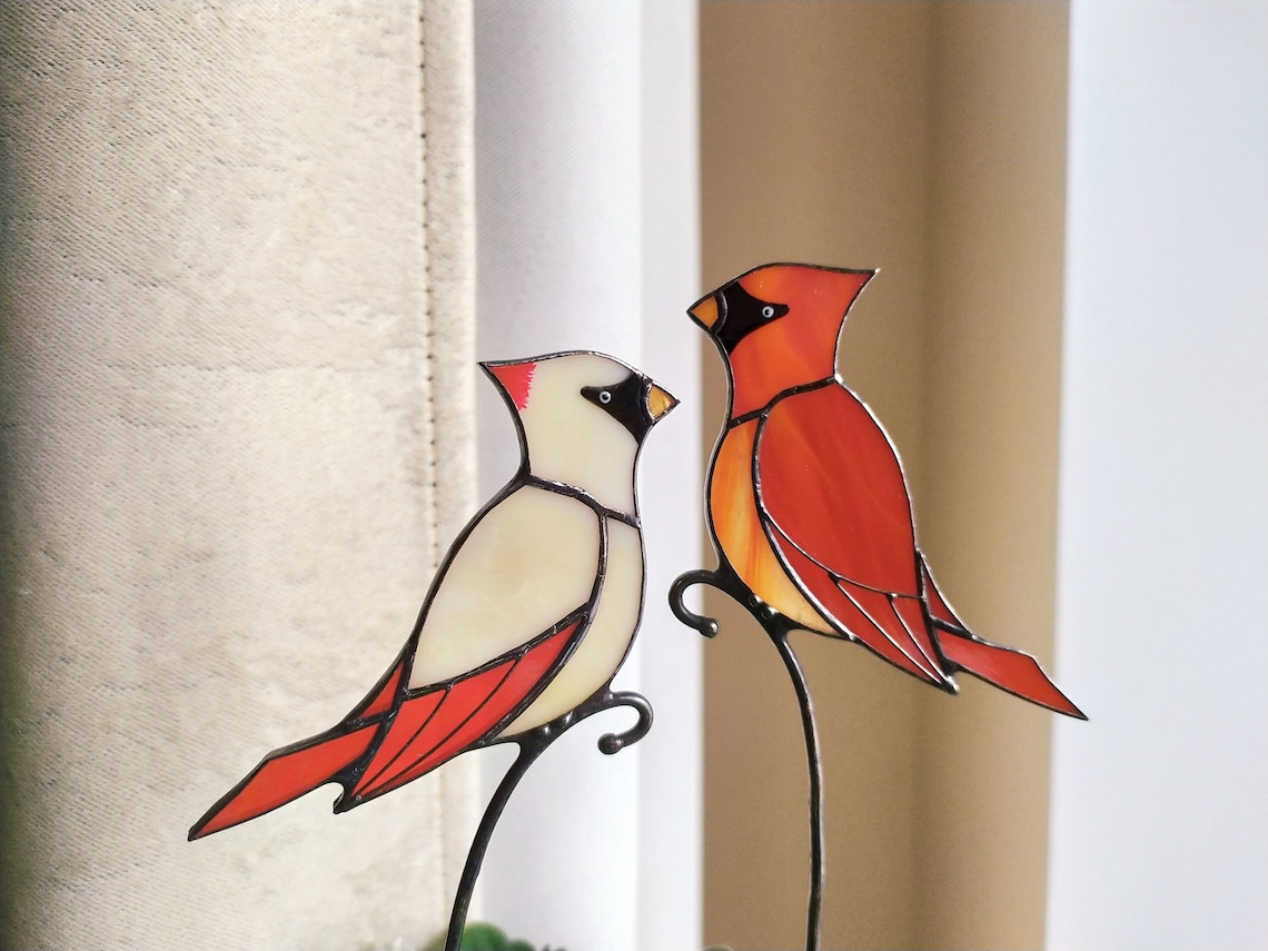 Cardinal Bird Couple Plant Stake Stained Glass Cardinals Red - Etsy