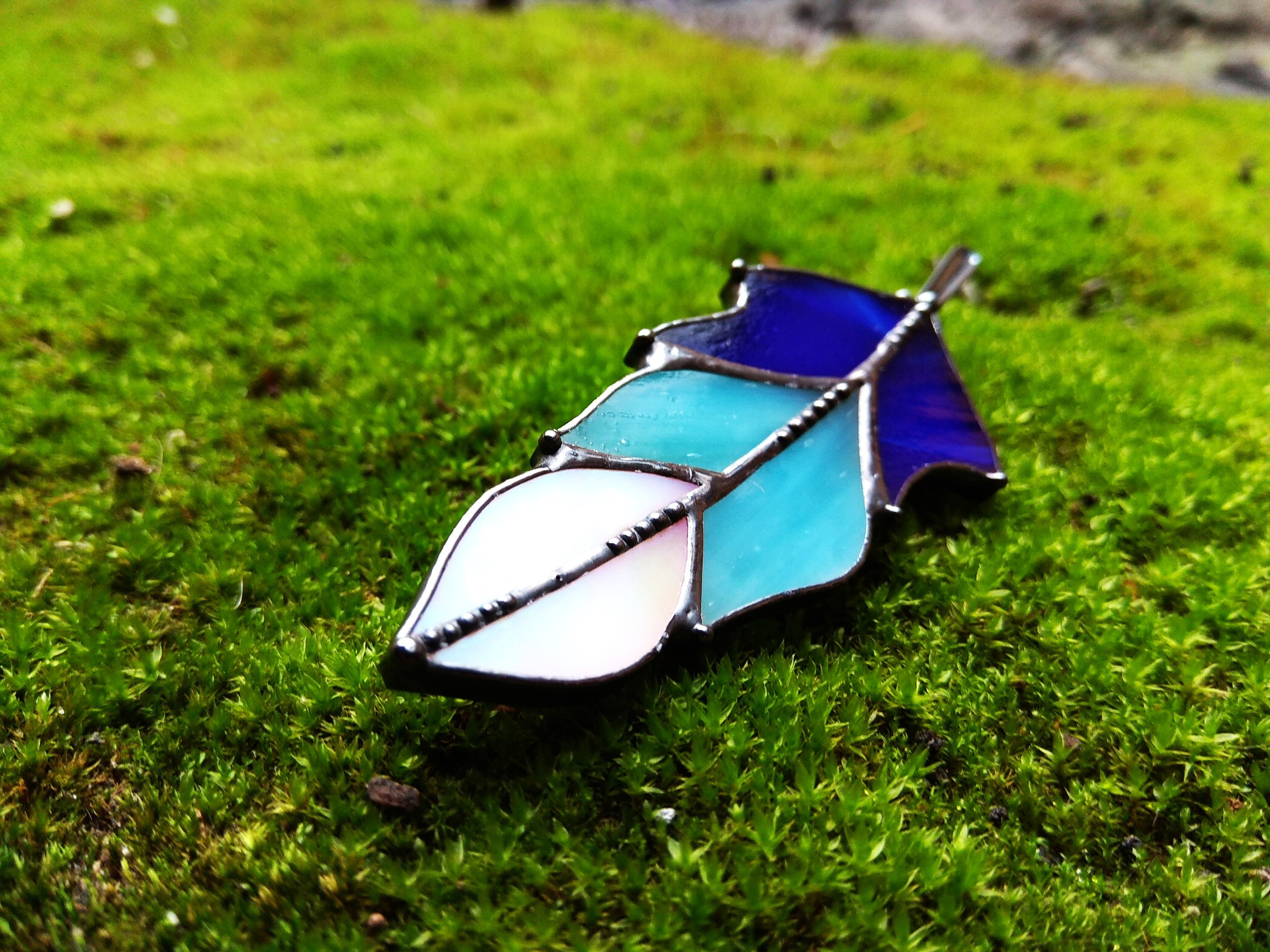 Blue Feather Glass Brooch Mini Classic Stained Glass Feather Blue and ...