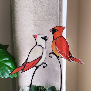 Cardinal Bird Couple Plant Stake Stained Glass Cardinals Red - Etsy